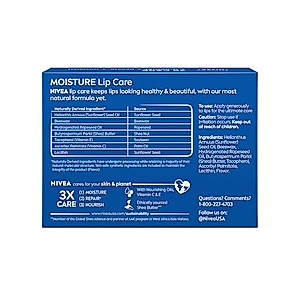 NIVEA Moisture Lip Care, Hydrating Lip Balm with Shea Butter, Nourishing Oils and Vitamin C & E, 3-in-1 Moisture, Repair and Nourish, 0.17 Oz Stick, Pack of 4