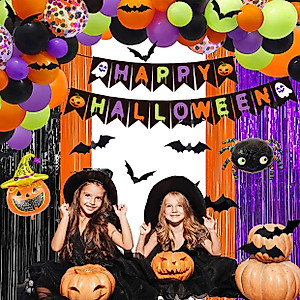 Halloween Party Decorations Happy Halloween Banner Foil Balloon Fringe Curtain Cake Topper Spider Web and 3D Bat, Halloween Party Favors Supplies