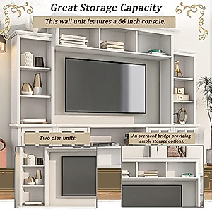 ZSQ TV Entertainment Wall Unit with Bridge, Modern TV Console Table for TVs Up to 70”, Multifunctional TV Stand with Tempered Glass Door (White)