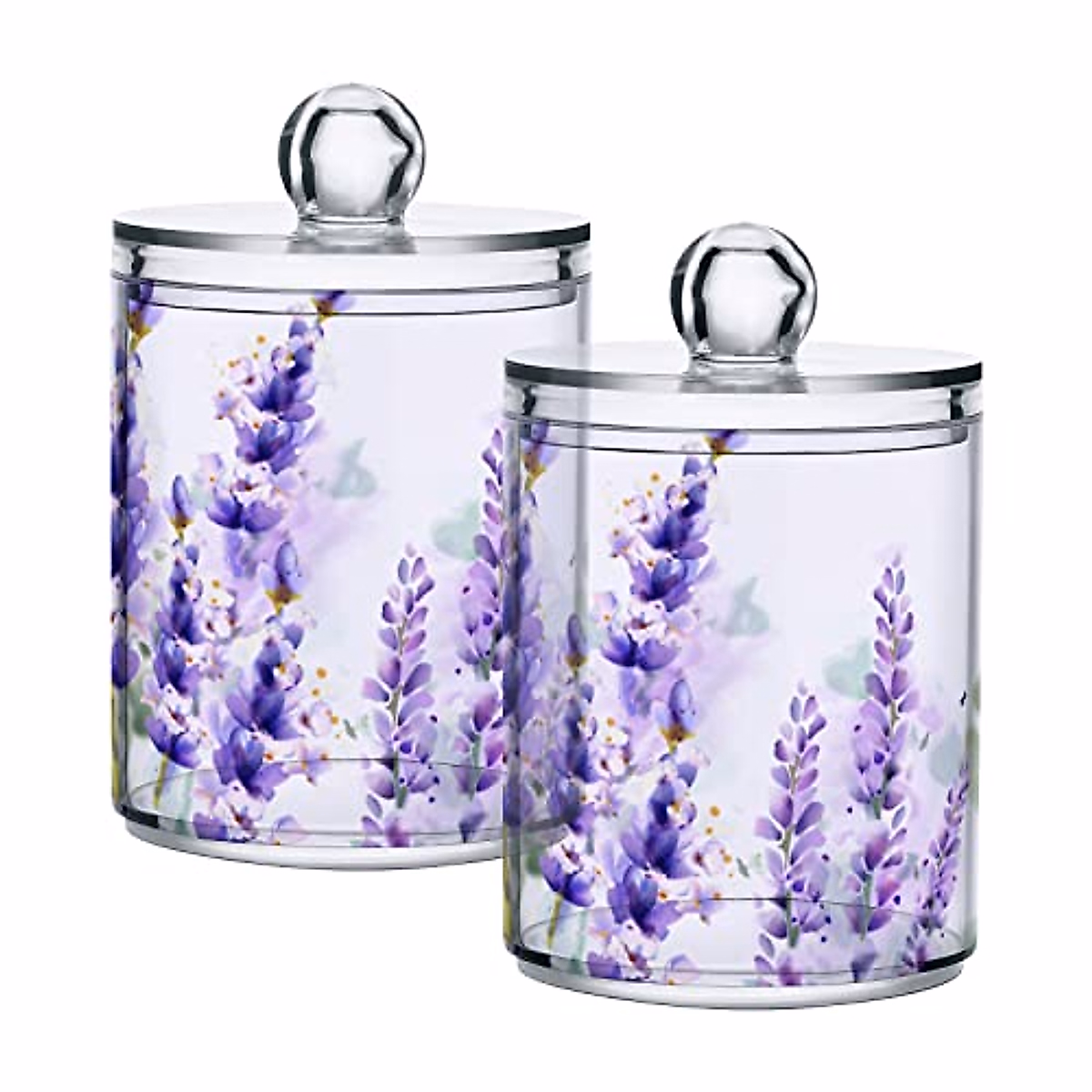 ALAZA Purple Qtip Holder Dispenser 2 Pack Containers for Cotton and Qtips Lavender Cotton Swab Cotton Ball Round Pads Clear Plastic Acrylic Jar Set Bathroom Canister