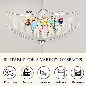 Zeesa Stuffed Animal Net or Hammock, Boho Hanging Net Storage with Macrame, Corner Toy Net Holder for Plush Toys Display, Beige