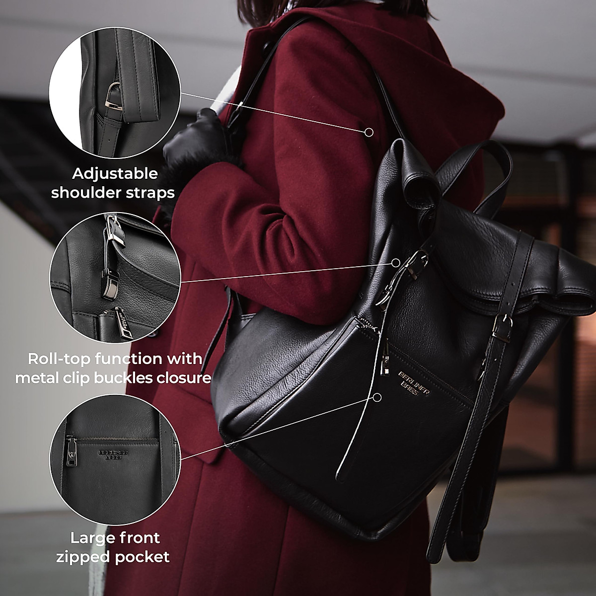 BERLINER BAGS Premium Leather Backpack Lille, Laptop Bag and Travel Rucksack for Men Women - Black