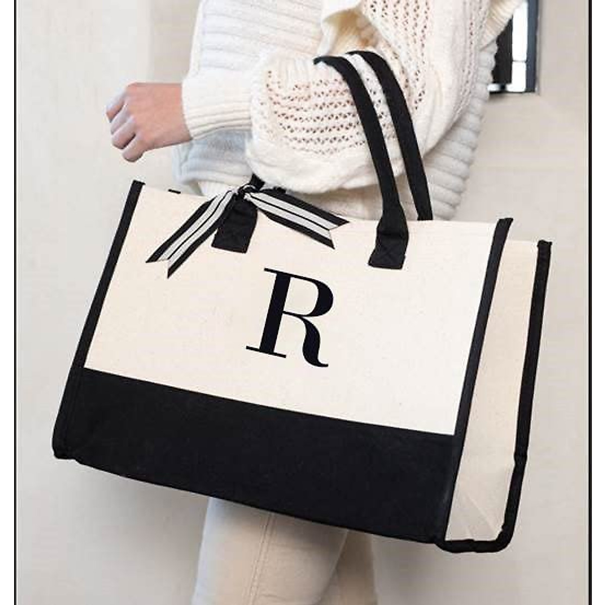 Mud Pie Classic Black and White Initial Canvas Tote Bags (R), 100% Cotton, 17" x 19" x 2"