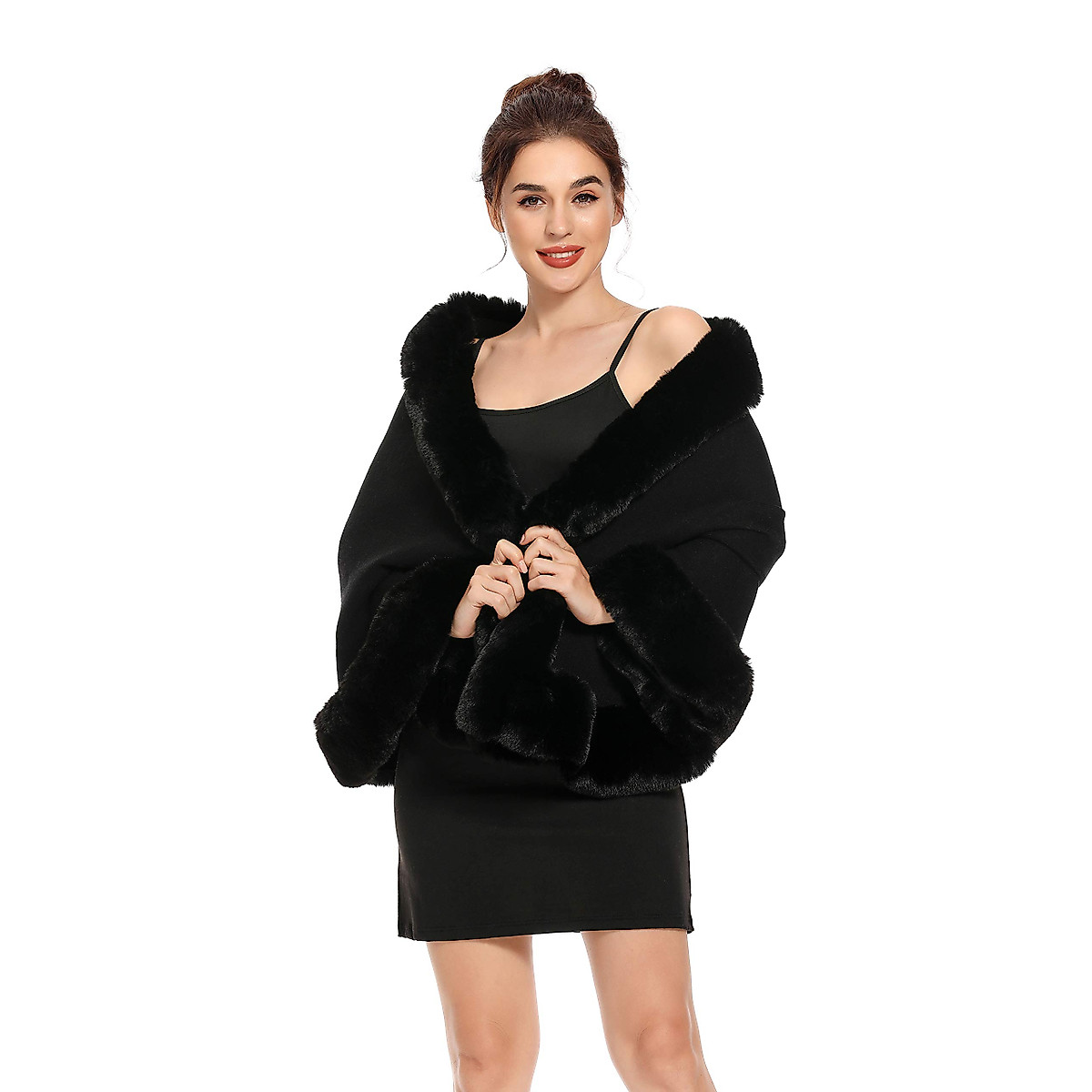 ZLYC Women Winter Faux Fur Shawl Stole Warm Wrap Cape (Black)