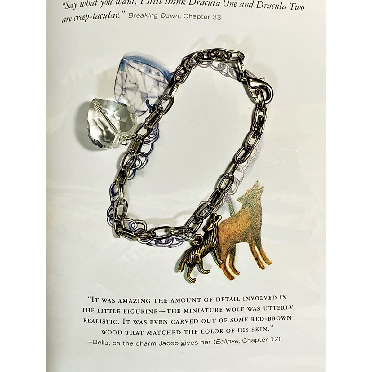 Bella Bracelet - Twilight Themed Graduation Gift Made of Silver Chain with Clear Heart Crystal Bead and Wolf Charm (silver wolf)