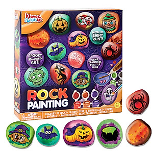 Klever Kits 12 Halloween Rock Painting Kit for Kids, Creativity Arts Crafts DIY Supplies Kit with 18 Paint Tubs, Decorate Your Own for Kids Painting Gifts, Family Activity, Birthday Present, Halloween