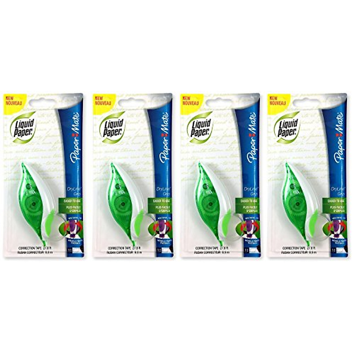 Paper Mate 660415 Liquid Paper DryLine Grip Correction Tape Dispenser, Pack of 4; Transparent Green Body; 1/5 inches Wide x 27.8 feet Long White Tape; Applies Dry, Rewrite Instantly; Swivel Tip