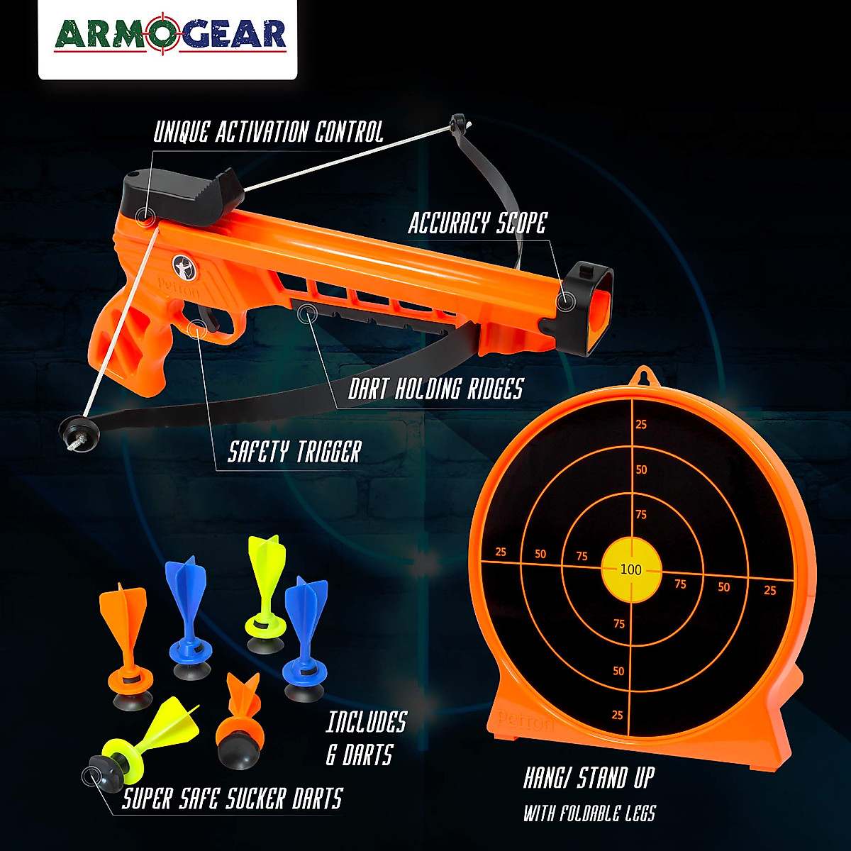 ArmoGear Bow & Arrow Archery Set | Includes Blaster Bow, 6 Suction Darts, Shooting Target | Great Crossbow Toy for Kids | Indoor & Outdoor Play Toy for Kids Boys & Girls