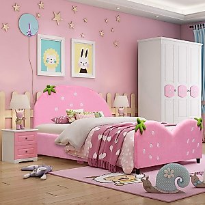 Costzon Twin Bed Frames for Kids, Wood Upholstered Twin Bed Platform with Slat Support, Padded Headboard&Footboard, No Box Spring Needed, Easy Assembly, Fits Standard Twin Mattress (Strawberry)