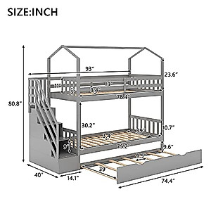 DEYOBED Twin Over Twin Wooden Bunk Bed with Storage Staircase for Kids and Teens