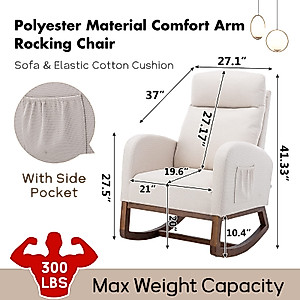 NIOIIKIT Nursery Rocking Chair, Upholstered Glider Chair for Nursery, Accent Rocker Chair with Tall Back & Side Pockets, Modern Leisure Single Arm Chair for Living Room, Bedroom (Beige)