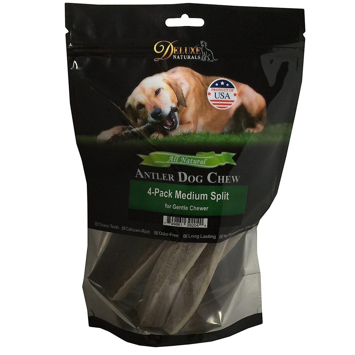 Deluxe Naturals Elk Antler Dog Chews | Long-Lasting A-Grade Premium Elk Antler Chews for Dogs from Naturally Shed Elk Antlers Collected in The USA, Split, Medium (Pack of 4)