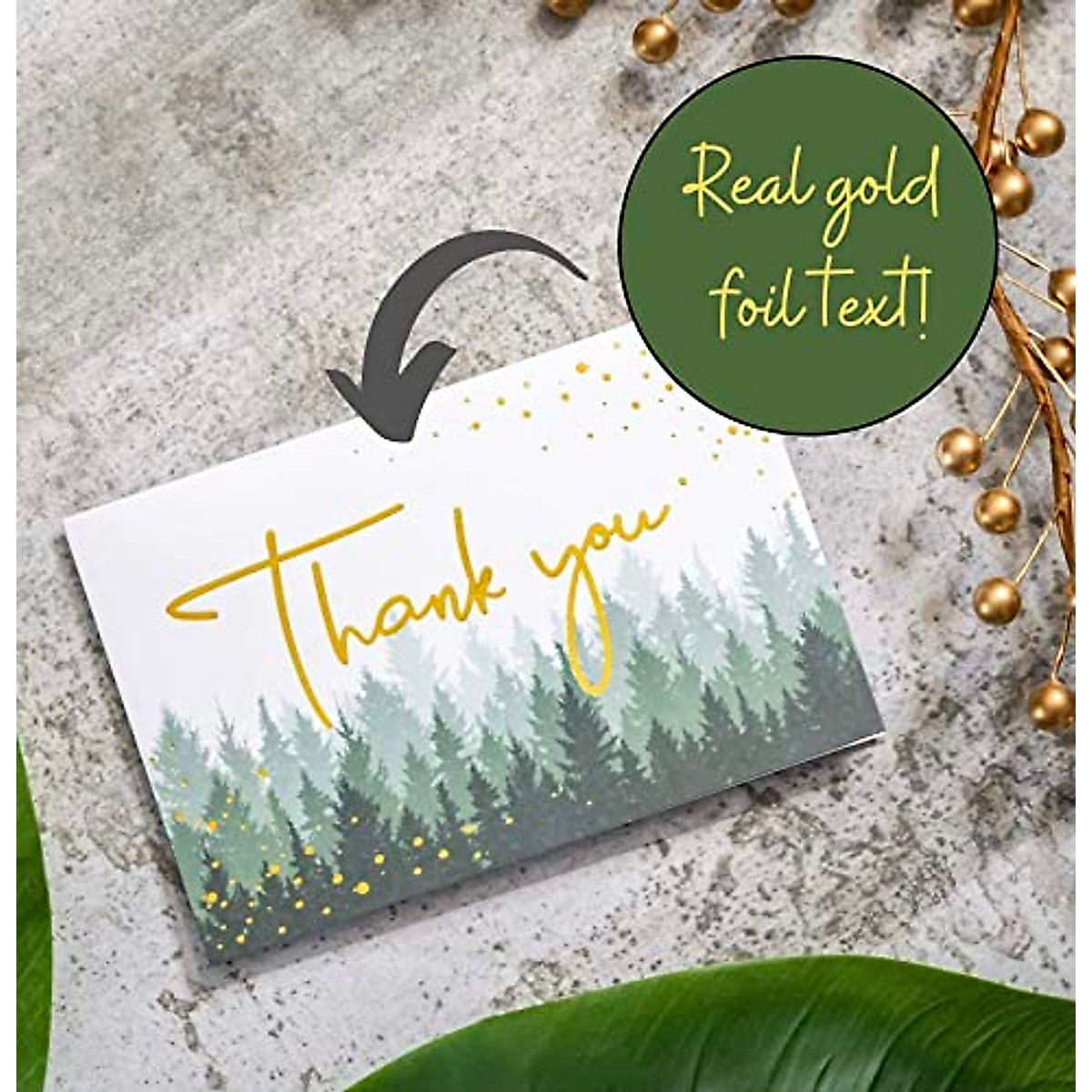 Thank You Cards with Envelopes | 48 Gold Foil Forest Nature Wedding Thank You Cards | Baby Shower Thank You Cards | Bridal Shower, Rustic Woodland Thank You Notes with Envelopes Set | 4x6 Inches