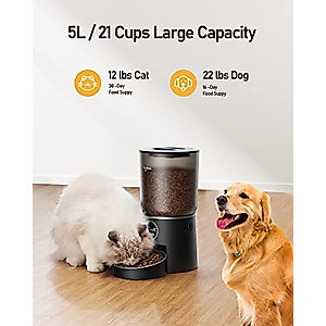 Tccbac Automatic Cat Feeder, 5L Timed Dog Feeder Food Dispenser with Desiccant& Voice Recorder Function, 1-6 Meals Per Day,1-20 Portion Per Meal Stainless Steel Bowl for Pet