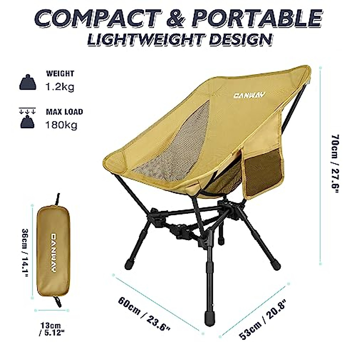 CANWAY Portable Camping Chair, Ultra-Compact and Lightweight Folding Chair for Camping, Beach, Picnic, Lawn Concerts, Hiking, Backpacking, Adjustable Height