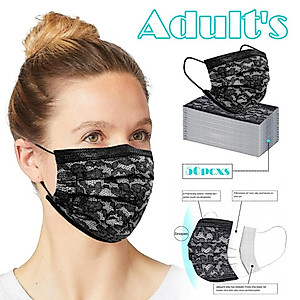 Fashion Lace Lace_Masks for Women 50pcs,Lace Disposable Face_Masks 3-Ply Breathable Black, Lace Pattern 3 Ply Face_Mask with Elastic Earloop