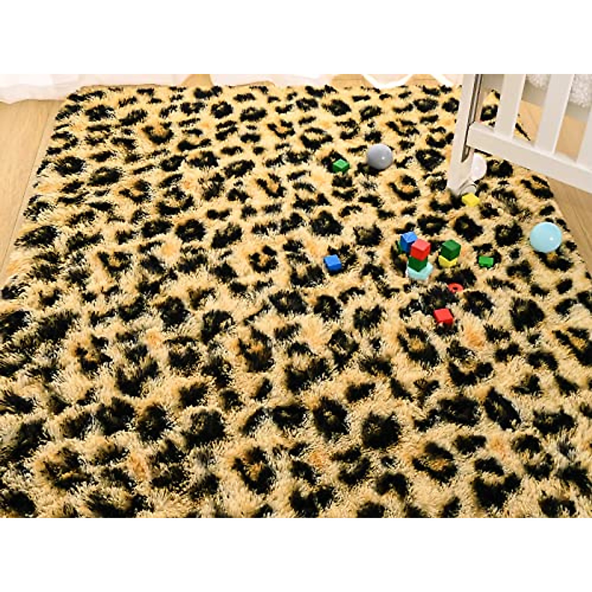 HOMORE Premium Leopard Fluffy Rugs, Leopard Print Rug for Living Room Bedroom,Soft Cheetah Print Rug for Kids Children Room, Faux Animal Printed Carpet for Western Decor,5x8 Feet Black and Khaki