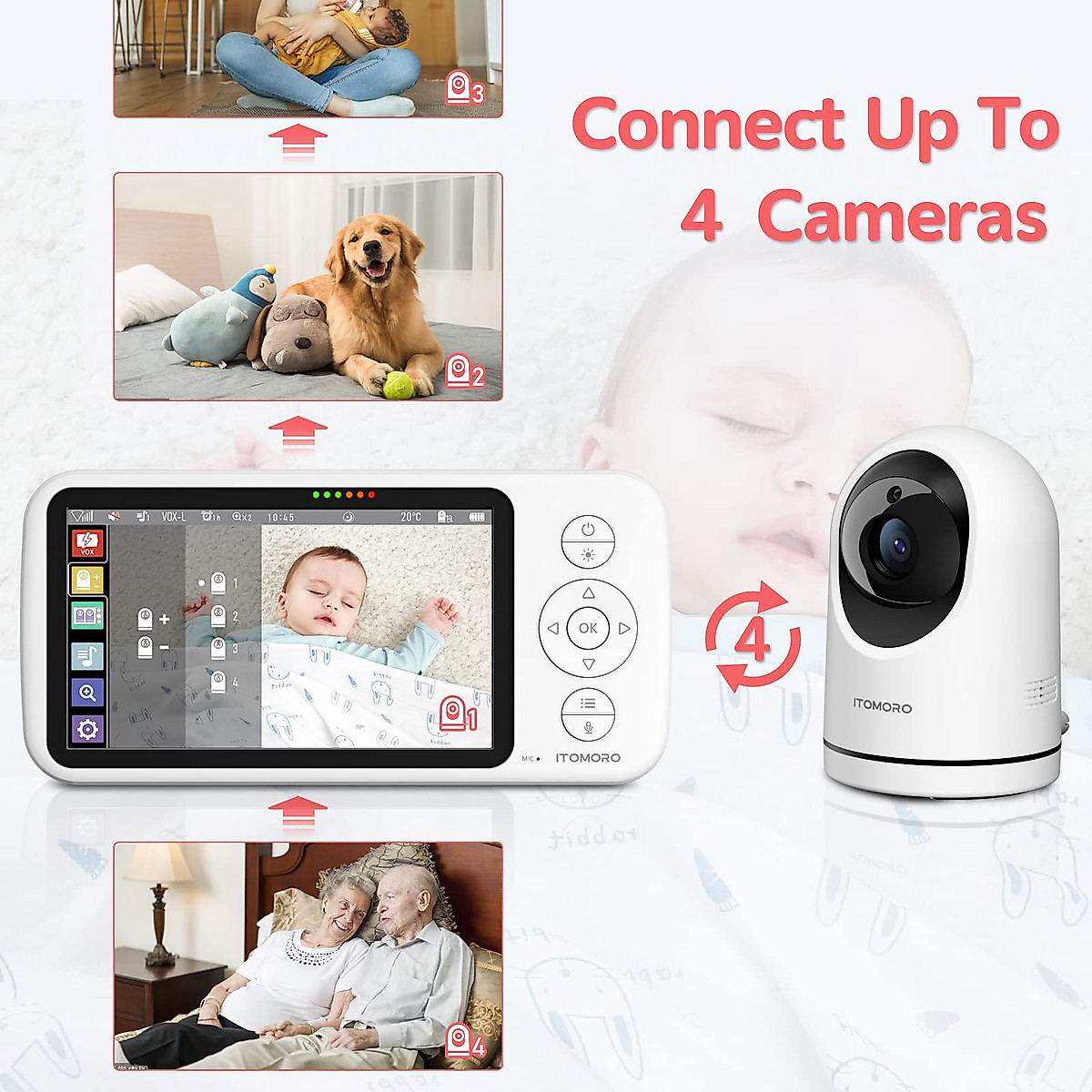 Itomoro Baby Monitor with 2 Cameras, 5" HD Split-Screen Video Baby Monitor Camera with Remote PTZ, 110° Wide Angle Lens, 2-Way Talk, 4X Zoom, Night Vision, 1000ft Range, 22h Battery Life, Lullabies