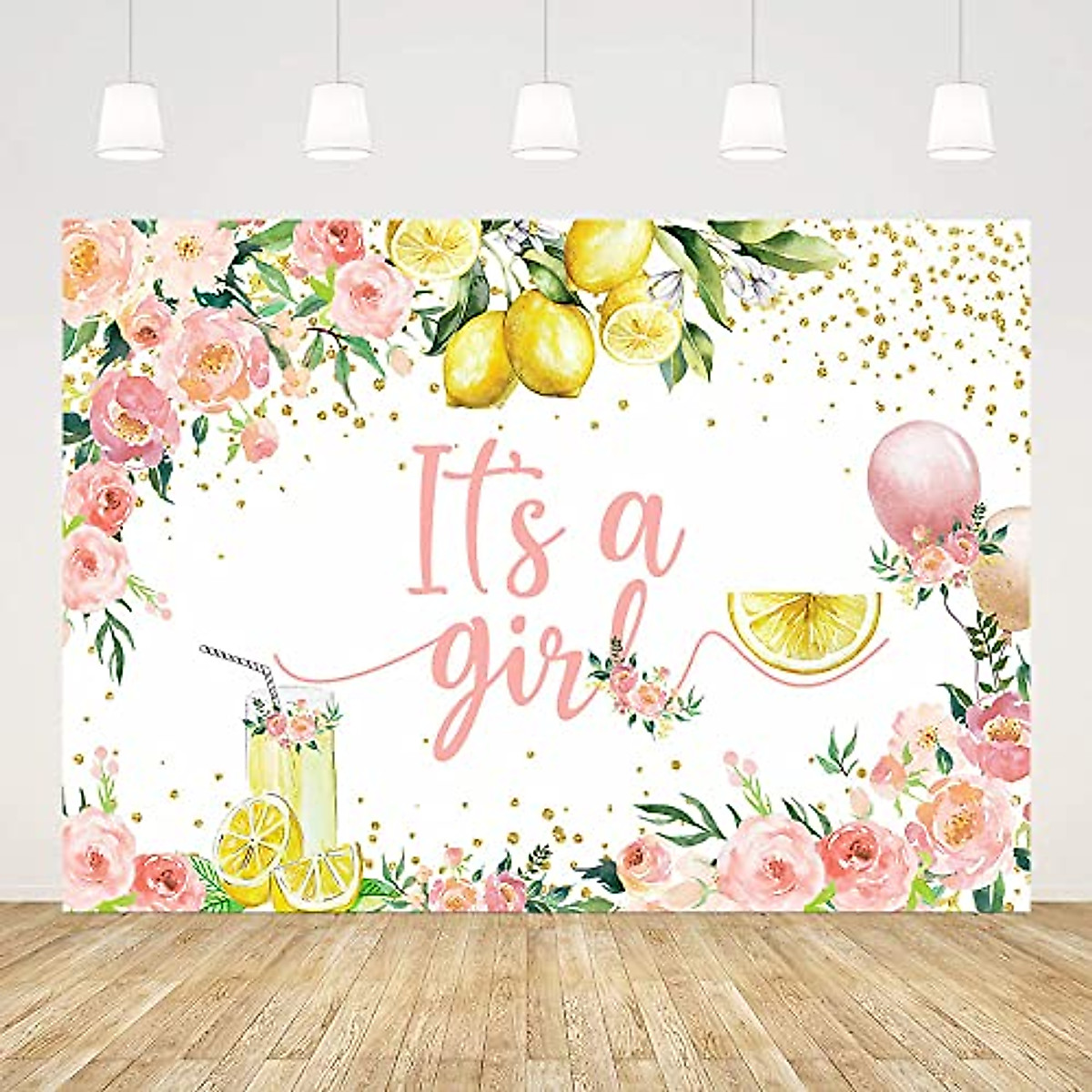 AIBIIN 7x5ft Lemon Baby Shower Backdrop It's A Girl Pink Flowers Balloons Photography Background Baby Shower Party Decorations Banner Cake Table Photo Booth Props