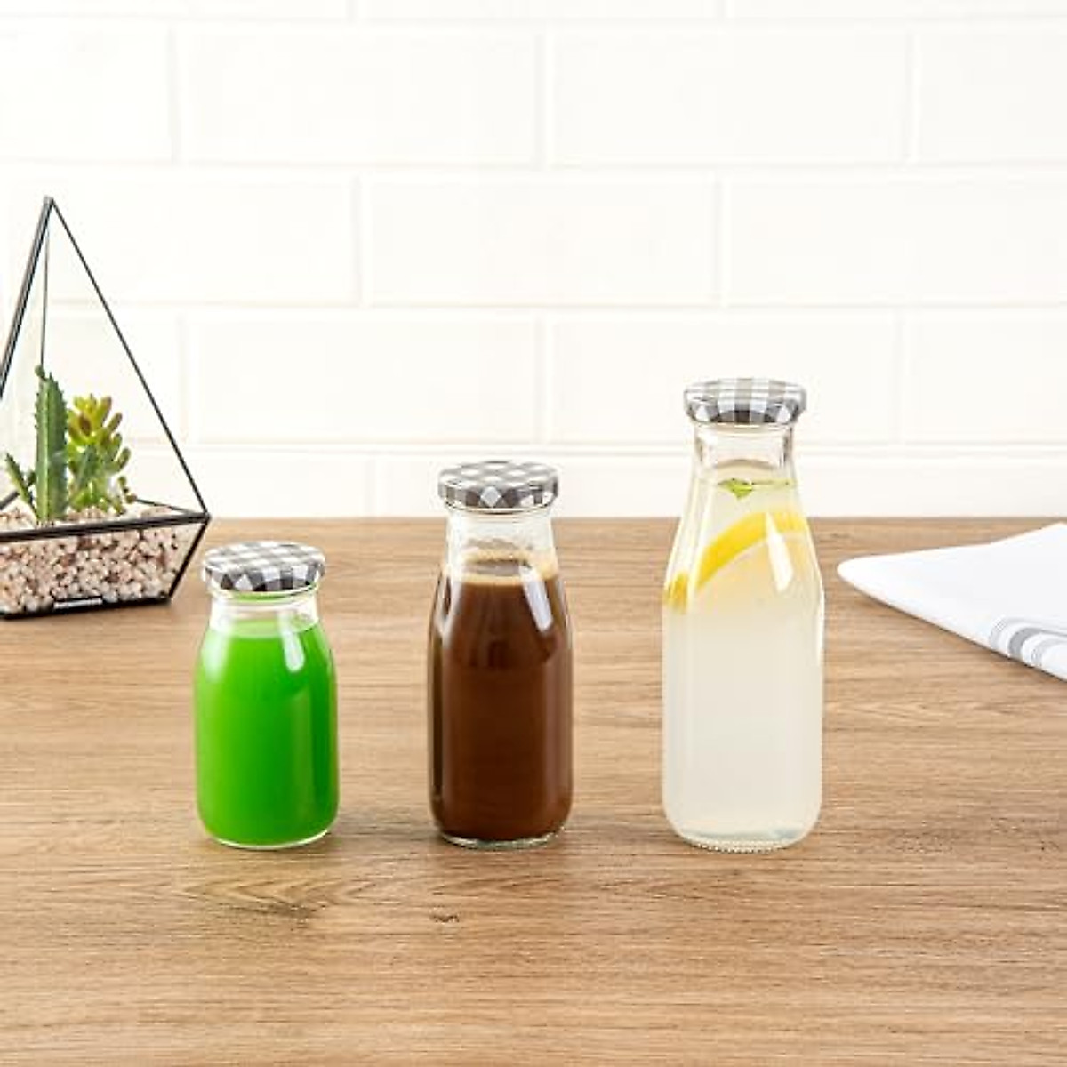 French Countryside 6 Ounce Glass Bottles, 10 Durable Juice Bottles - With Black Plaid Lid, Dishwashable, Clear Glass Countryside Bottles, For Hot And Cold Beverages - Restaurantware