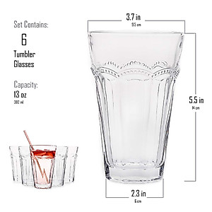 G Pearl Ridge Large Highball Drinking Glasses Set Of 6,13 oz Durable Stackable Iced Beverage For Soda, Juice, Milk, Coke, Beer Spirits Old Fashioned Glasses - Dinner Bar,Water Tumblers For Daily Use