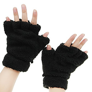 FakeFace Cute Cat Kitten Paw Fingerless Faux Fur Plush Gloves For Girls Women, Black, Small