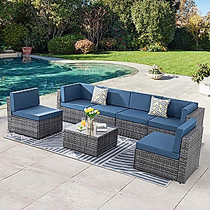 Shintenchi 7 Pieces Outdoor Patio Sectional Sofa Couch, Silver Wicker Furniture Conversation Sets with Washable Cushions & Glass Coffee Table for Garden, Poolside, Backyard (Aegean Blue)