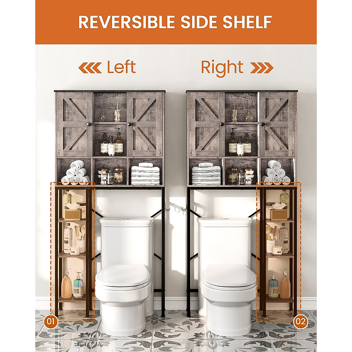 CHOEZON Over The Toilet Storage, Farmhouse Bathroom Storage Cabinet, Over Toilet Shelf with Storage Cabinet, Bathroom Organizer with Hooks, for Bathroom, Restroom, Charcoal Gray and Black TTS01HC