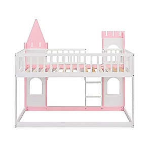 Merax Twin Size Loft Bed Low Bunk Bed, Castle Shaped Wood Bed Frames with Safety Guardrails for Boys or Girls, Pink