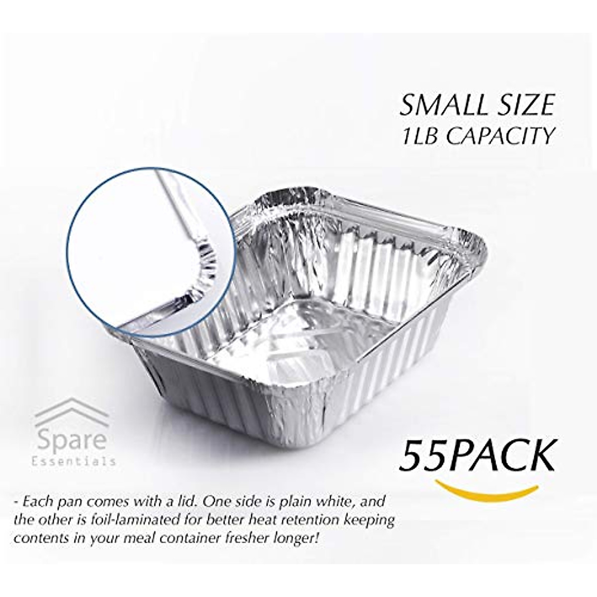 Spare Essentials 55 Pack - Aluminum Pan/Containers with Lids/Foil Containers/Aluminum Pans with Lids/Take Out Containers/Disposable Pans/Aluminum Foil Food Containers/Freezer meals containers (1 LB)