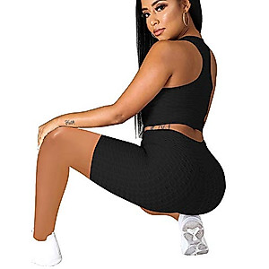 cailami Workout Sets for Women 2 Piece Outfits Sexy Gym Crop Tank High Waist Biker Shorts Yoga Sets, Medium, Black