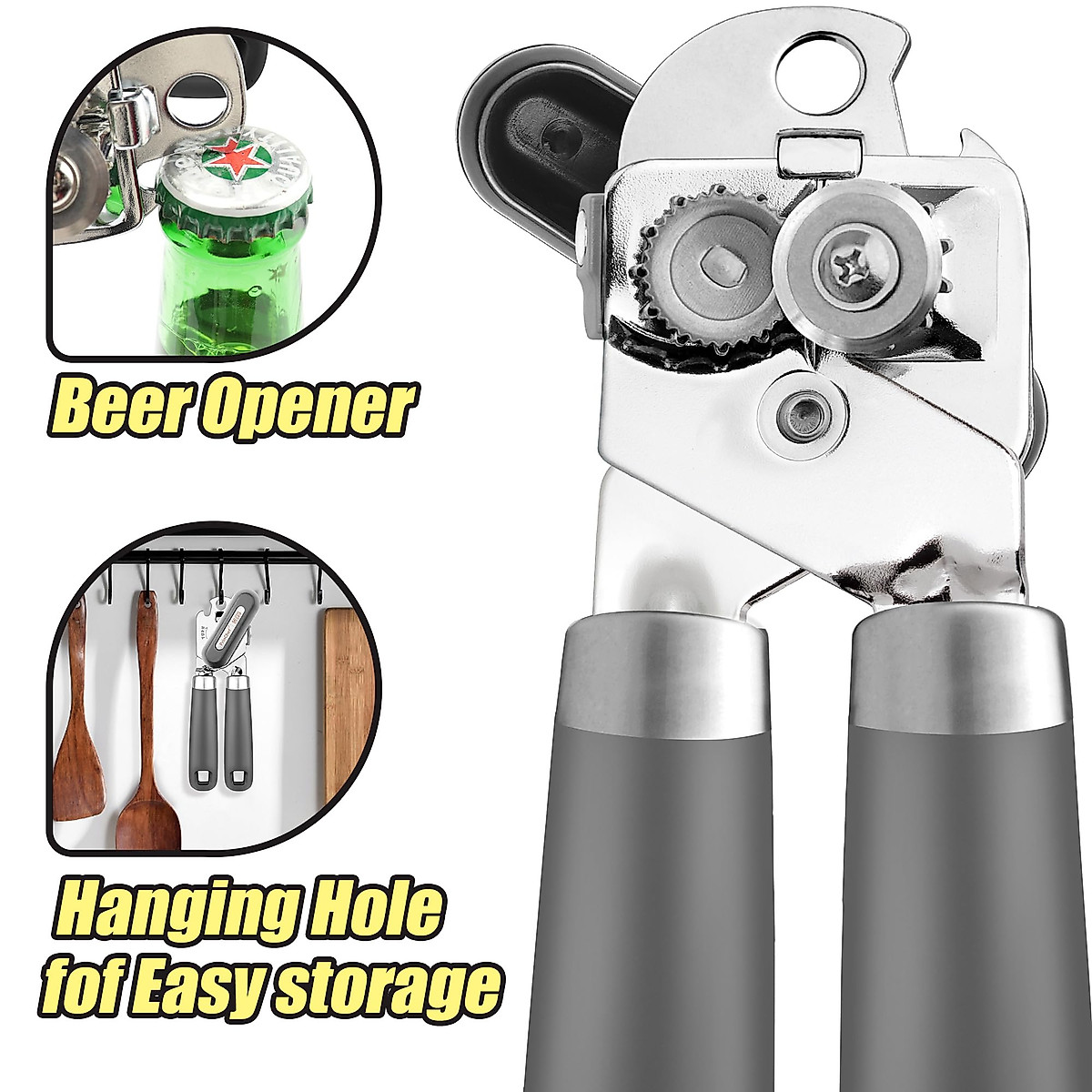 SPIDER GRIP Can Opener, No-Trouble-Lid-Lift Manual Handheld Can Opener with Magnet, Smooth Edge Safe Cut for Beer/Tin/Bottle, Big Turning Knob Anti-Slip Handle Good for Seniors with Arthritis