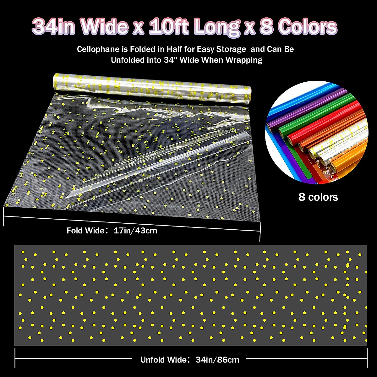 Cellophane Wrap for Gift Baskets, 34" X 10' Extra Large Transparent Colored Cellophane Wrap Roll 8 Colors, Cellophane Paper for Gift,Treat,Cookie,Flowers Bouquet,Florist,Floral,Candy Leis,Diy Crafts