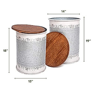 Hallops Farmhouse Accent Side Table | Galvanized Rustic Coffee Table | Metal Storage Ottoman Wood Cover with Stand| Farmhouse Decor Storage Bench (Set of 2, Distressed White)