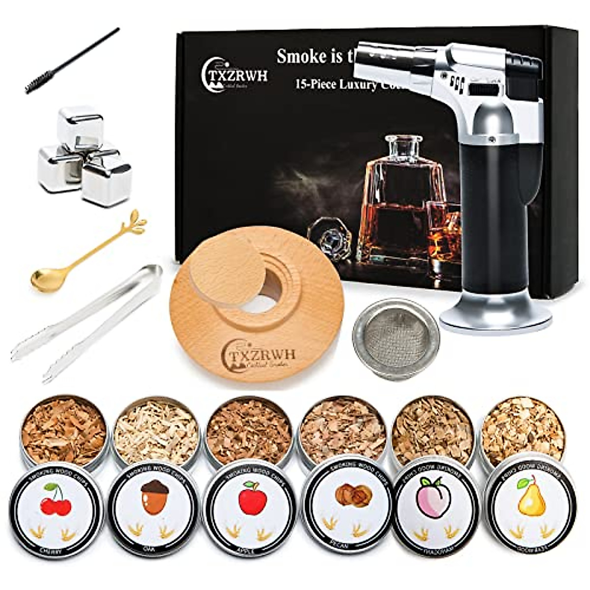TXZRWH Cocktail Smoker Kit with Torch, Old Fashioned Bourbon & Whiskey Smoker Infuser Kit with 6 Flavors Wood Chips 4 Reusable Ice Cubes, Ideal Gifts for Husband, Dad, Men, Friend (No Butane)