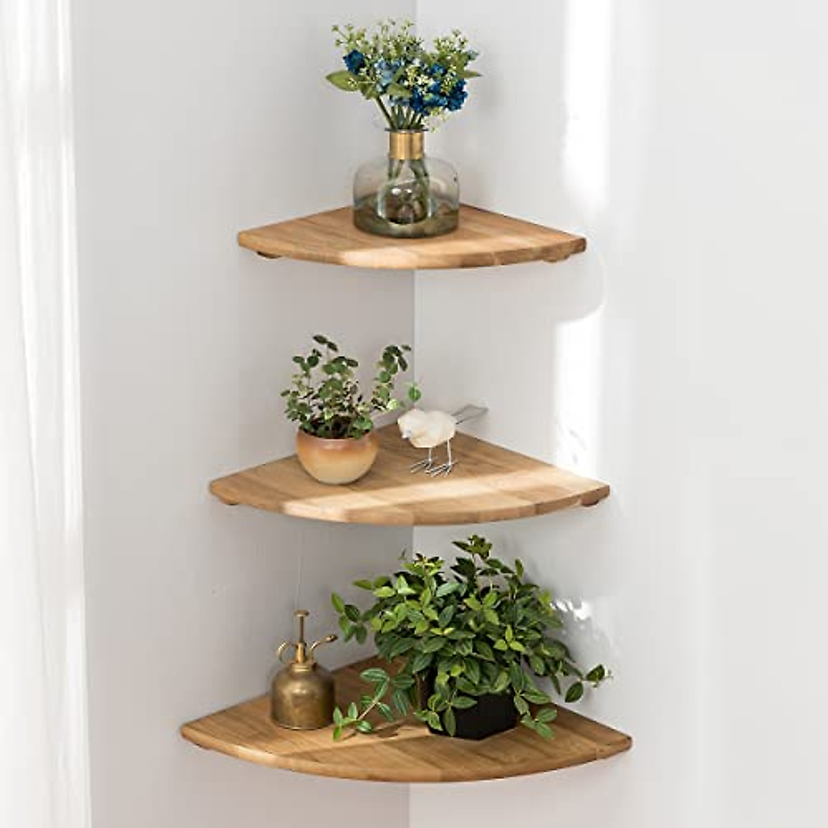 3pcs Oak Corner Shelf Wall Mount Set Round End Floating Speaker Shelf Display Shelf for Small Plant Photo Frame,Storage for Bedroom Kitchen,Living Room,Office
