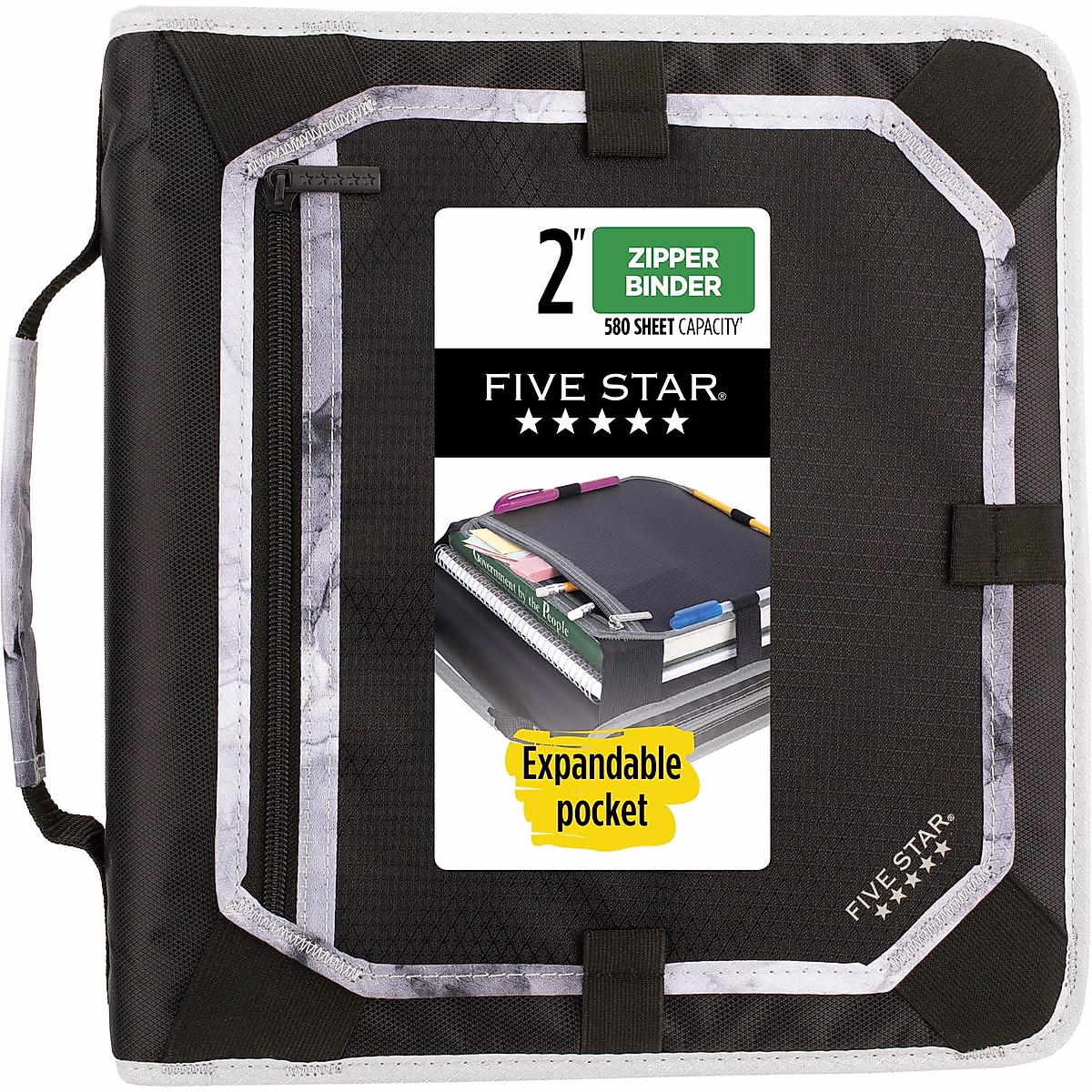 Five Star Zipper Binder, 2 Inch 3-Ring Binder for School, Expansion Panel and Expanding File, 580 Sheet Capacity, Black/Gray (29052IT8)