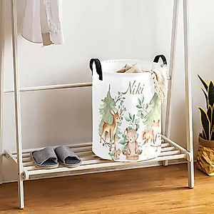 Woodland Forest Animals Laundry Basket Personalized with Name Laundry Hamper with Handle Clothes Bag Bin for Bedroom Baskets