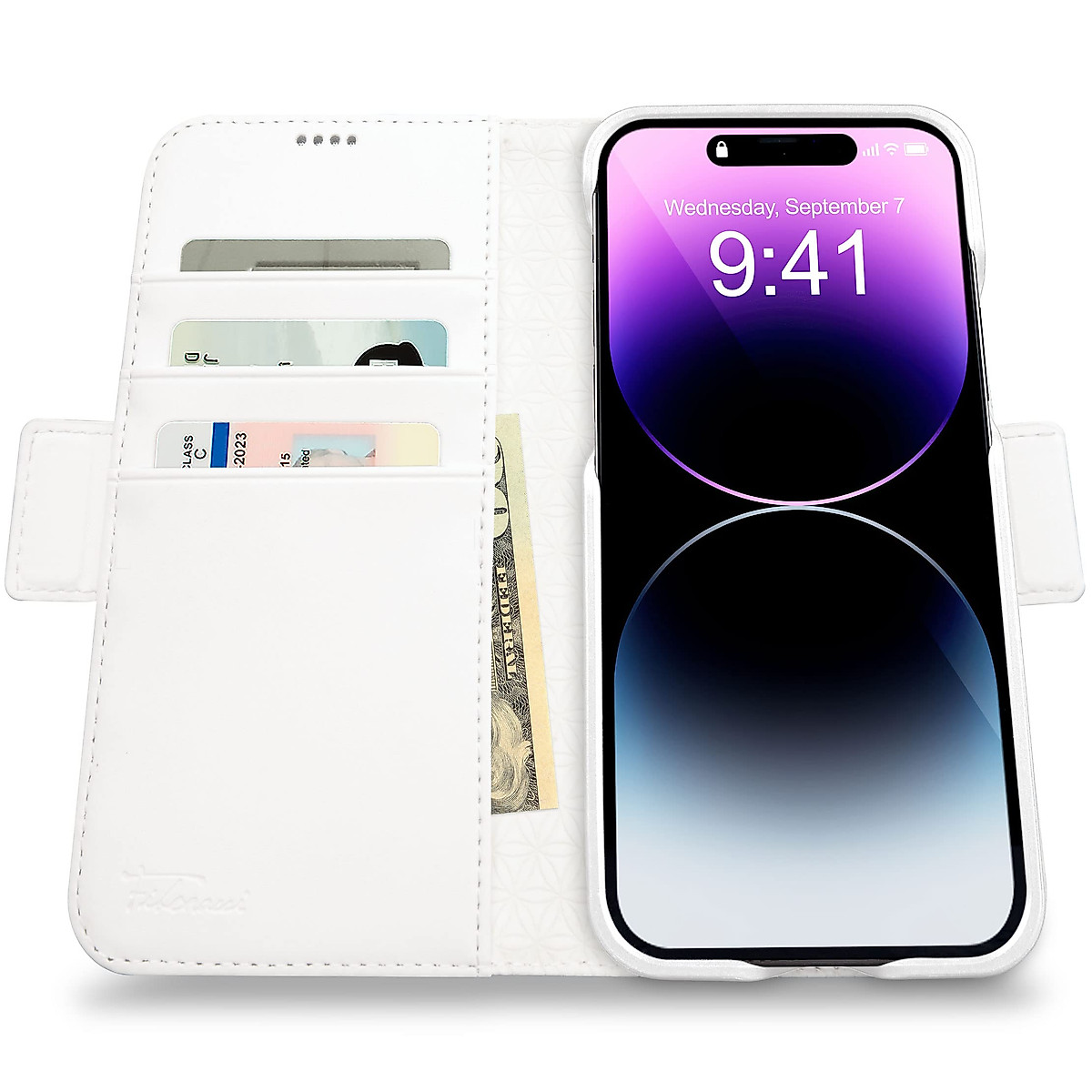 Dreem Fibonacci Wallet Case for iPhone 14 Pro | 2-in-1 Detachable Vegan Leather Cover with Built-in Kick-Stand, RFID Blocking Card Holder, MagSafe Compatible [White]