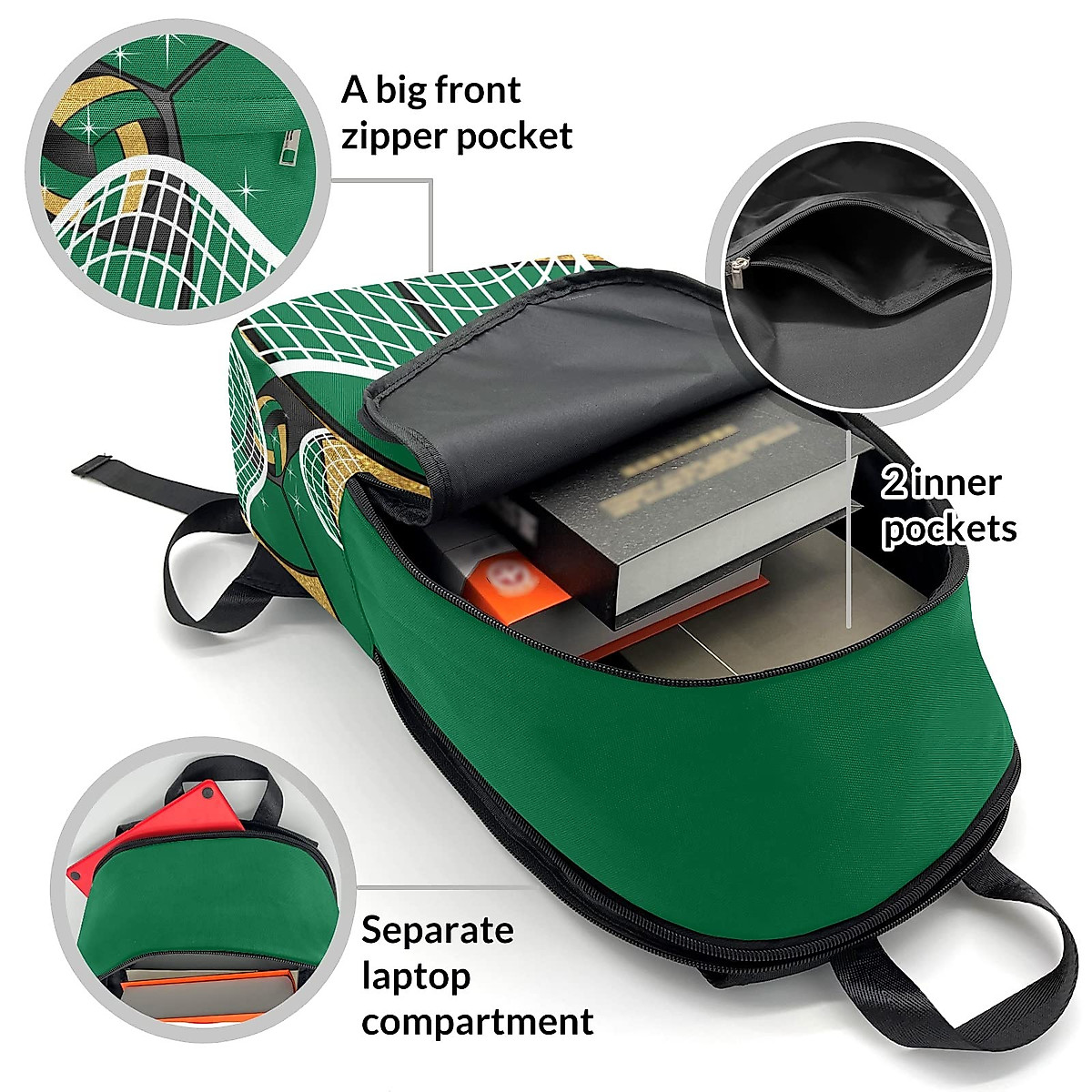 XOZOTY Printed Volleyball Dark Green Backpack for Sport Hiking Nylon Waterproof Bookbag