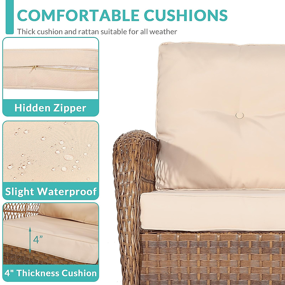 MEETWARM Outdoor Wicker Rocking Chair, Rattan Patio Rocker Chairs with Cushions and Steel Frame - Beige