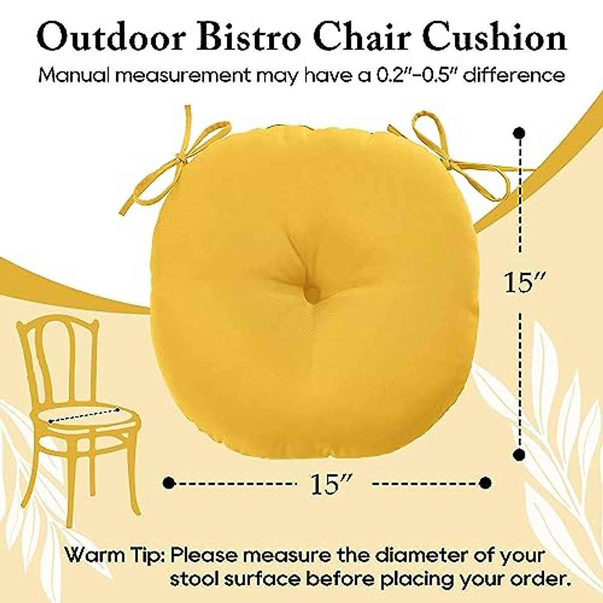 LOVTEX Bistro Chair Cushions Set of 2, Outdoor Round Chair Cushions 15 Inch, Waterproof Round Outdoor Cushions with Ties, Yellow Outdoor Chair Cushions for Patio Furniture