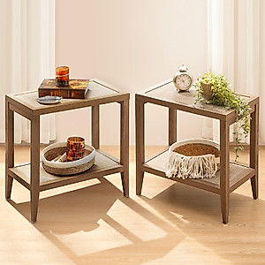 SICOTAS Rattan Nightstands Set of 2 Bedside Table - Boho Narrow End Table Living Room Set of 2 Side Table with Rattan Storage Shelves for Small Space