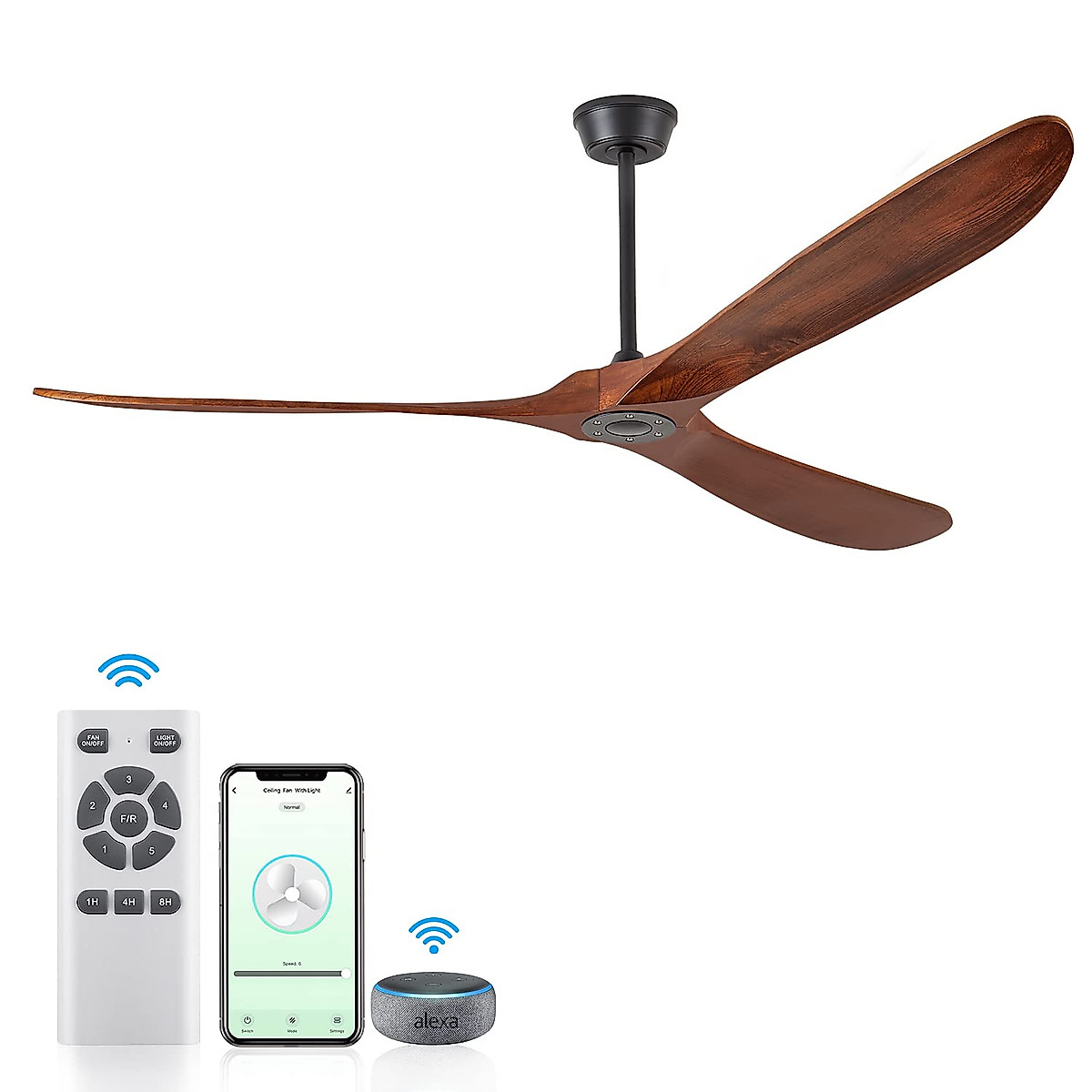 Chriari 70'' Ceiling Fan with Remote/App/Voice Control, Wood Ceiling Fan with 3 Walnut Blades and Reversible DC Motor, Supports 5 Speeds and Smart Timing, Compatible with Alexa/Google Assistant