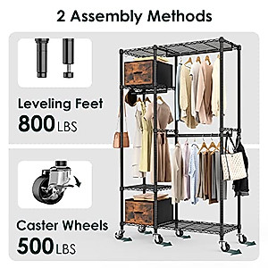 Memobarco Clothing-Rack, Heavy Duty Rolling Clothes-Rack, 4 Tiers Wire Shelving Garment Rack with 3 Hanging Rods & 2 Storage Drawers, Freestanding Portable Closet Wardrobe Clothes Organizer, Black