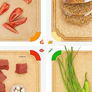 Elihome Premium Series 4-in-1 Kitchen Cutting Board Set, Non Slip Feet, Color Coded with Food Icon, Natural Wood Fiber, Dishwasher Safe, Eco-Friendly, Juice Grooves,Non Porous, BPA Free, Made in USA