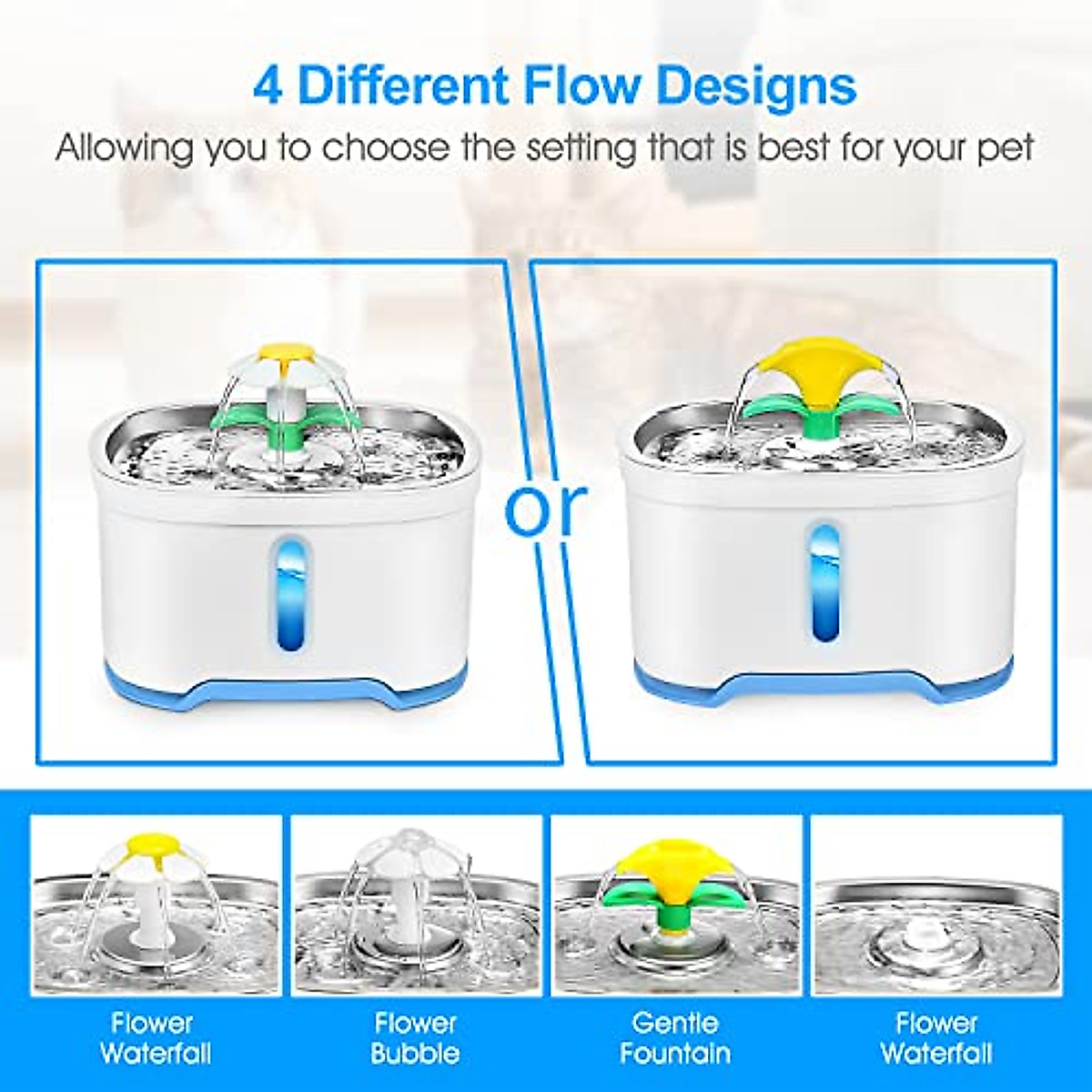 Stainless Steel Pet Water Fountain with Adapter, Upgraded Version 84oz/2.5L Automatic Cat Water Fountain Dog Water Dispenser with Ultra-Quiet Pump for Cats, Dogs, Birds, Multiple Pets (Blue)