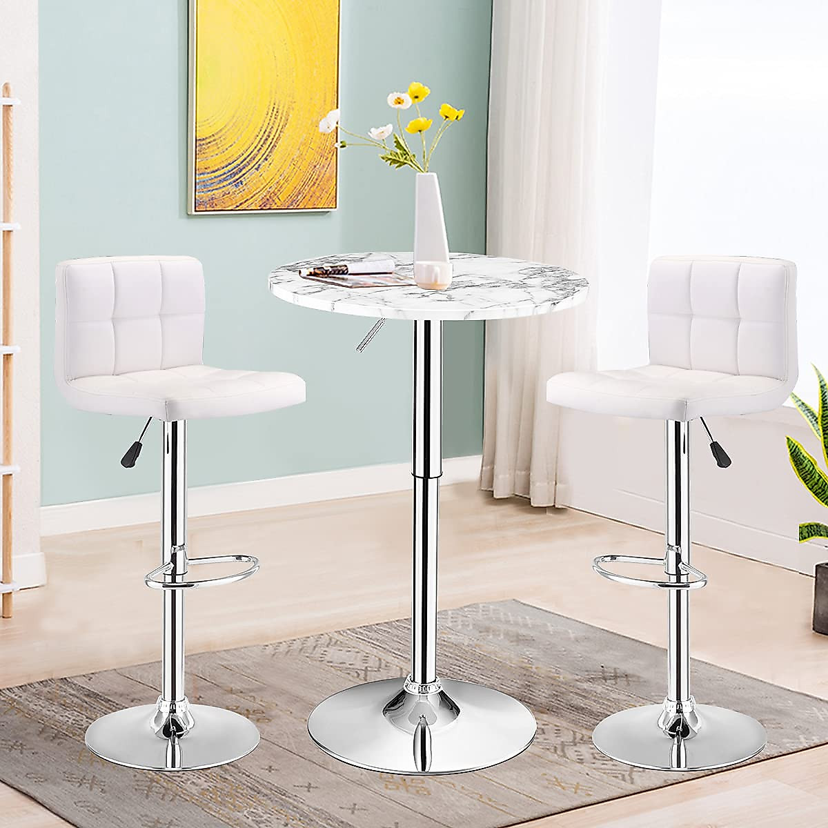 Giantex Round Pub Table Height Adjustable, 360° Swivel Cocktail Pub Table with Sliver Leg and Base for Home, Bar Table (White)