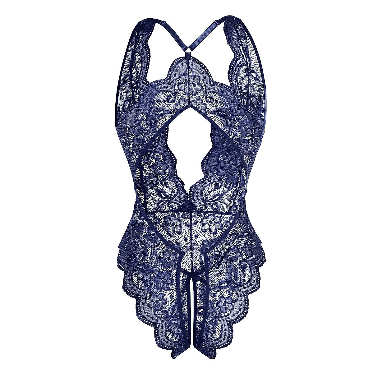 LadyIn Women's Sexy Lingerie One Piece Women Deep V Teddy Floral Lace Bodysuit Babydoll Navy Blue