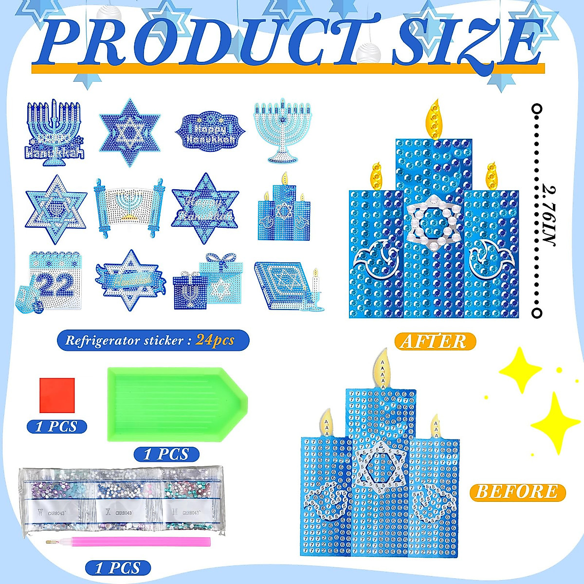 Chapou 24 Pcs Hanukkah Hexagon Diamond Painting Kits for Refrigerator Stickers, Diamond Painting Magnets Refrigerator Diamond Art Craft for Adults Home Decoration